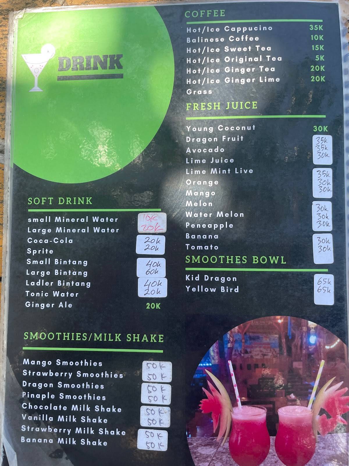 Menu at Penida Minang beach restaurant, Ped