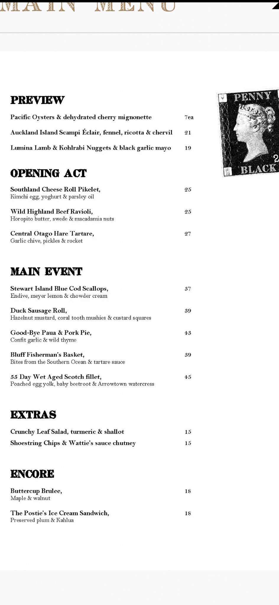Menu at Penny Black Cocktail Bar, Cromwell
