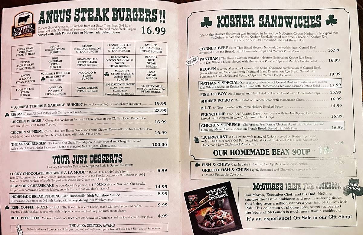 Menu at McGuire's Irish Pub, Pensacola