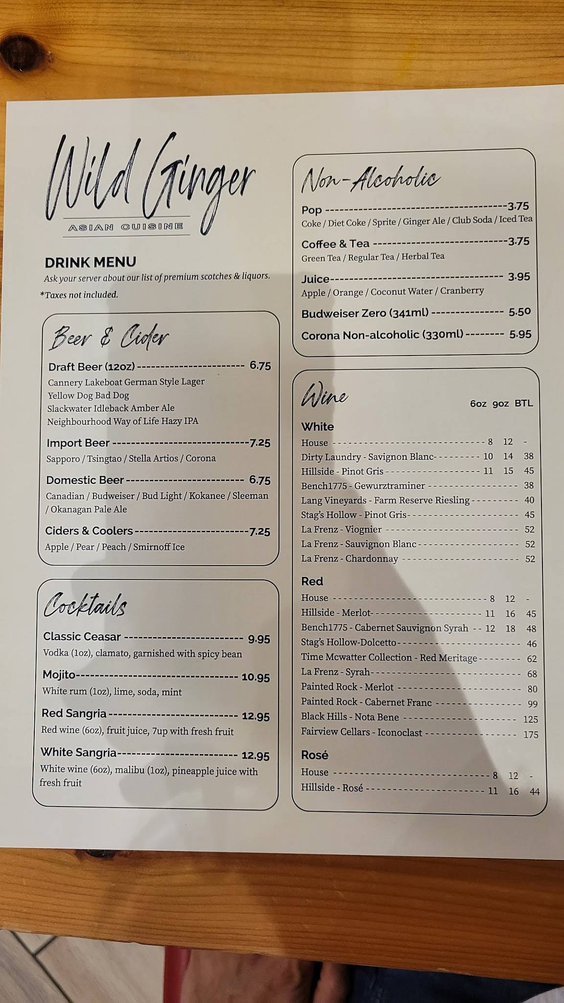 Menu at Wild Ginger restaurant, Penticton
