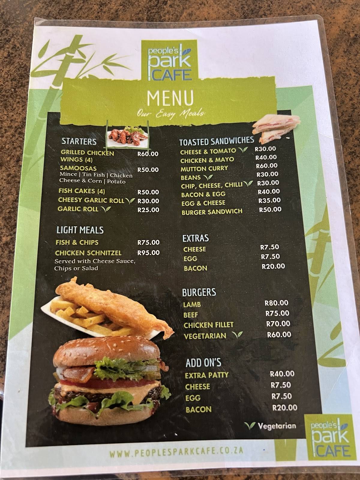 Menu at People's Park Café cafe, Durban