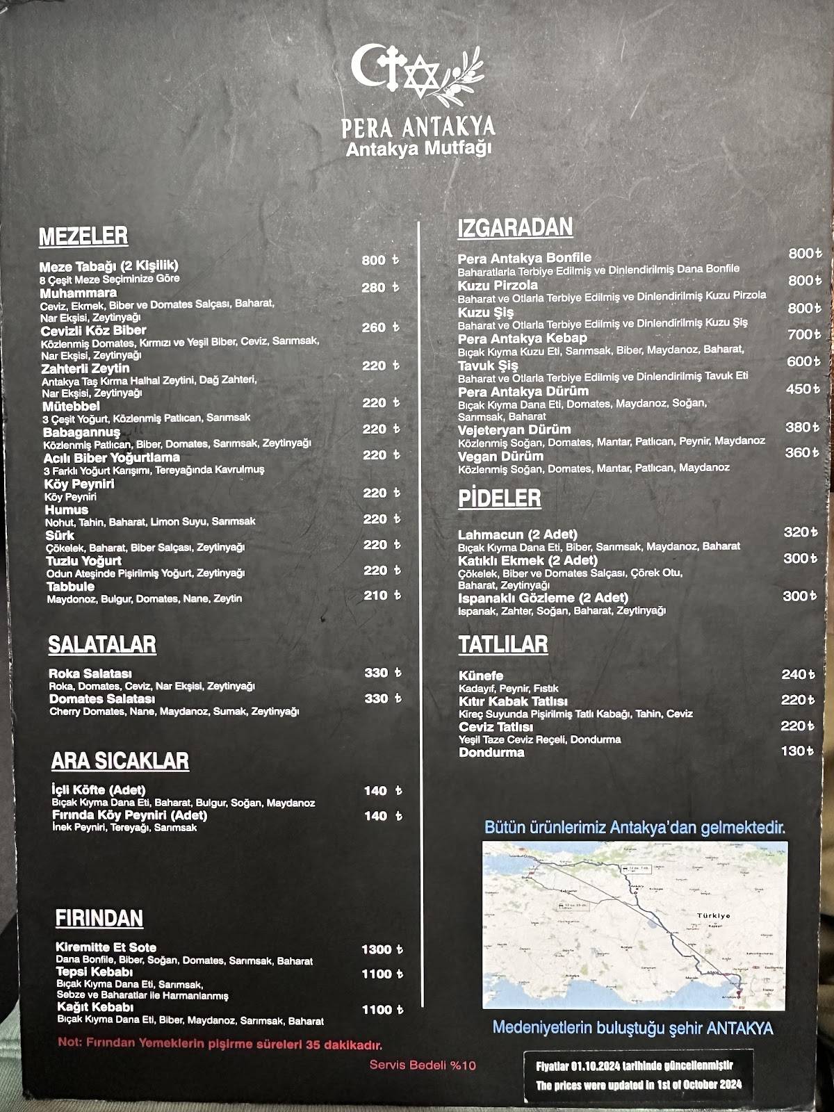 Menu at Pera Antakya, Istanbul