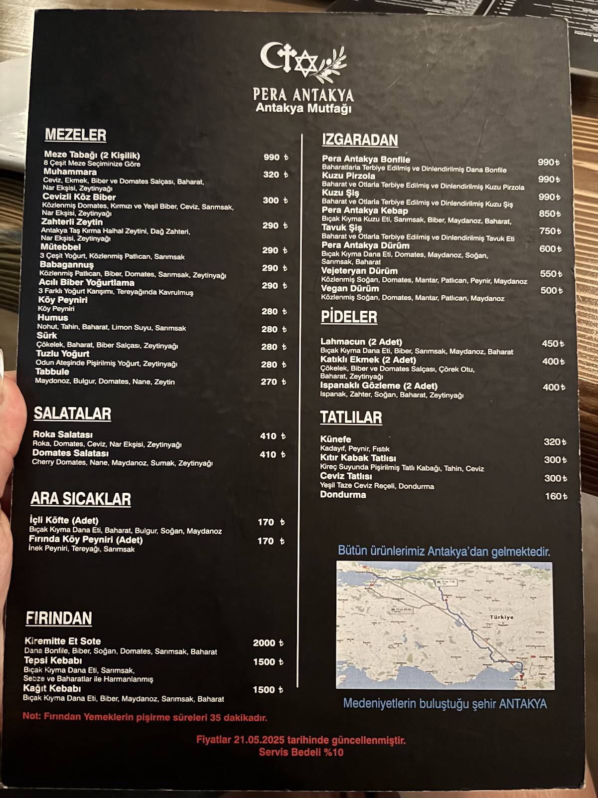 Menu at Pera Antakya restaurant, Istanbul