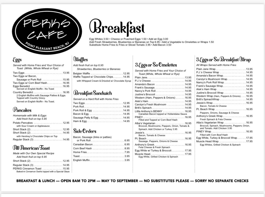 Menu at Perks Cafe, Point Pleasant Beach, 303 Ocean Ave