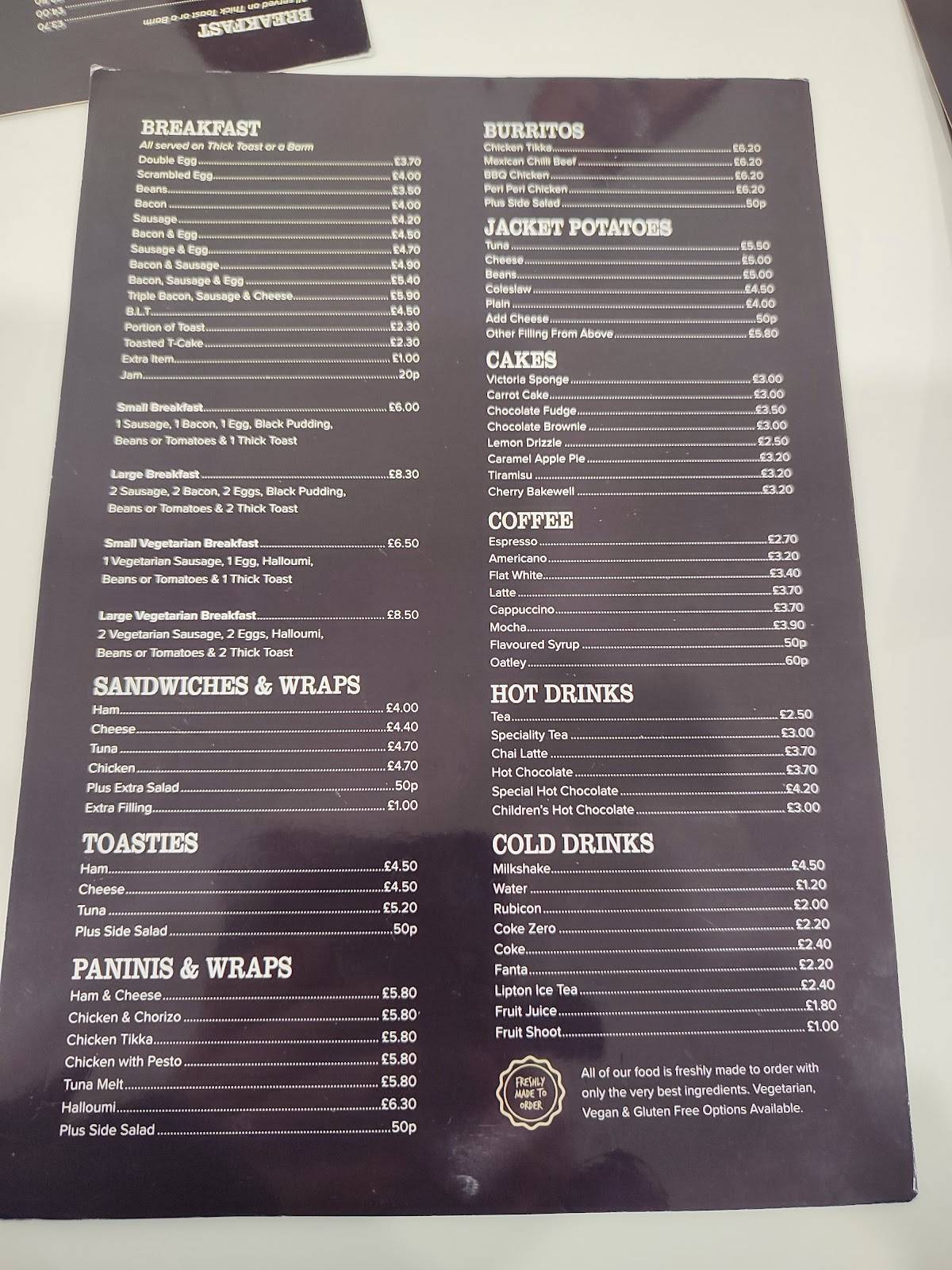 Menu at Perky Grinders cafe, Runcorn
