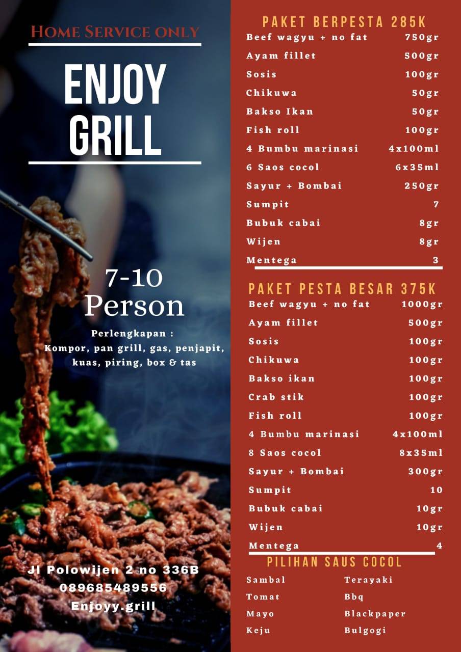 Menu at Persewaan Alat grill Enjoy Grill, Malang