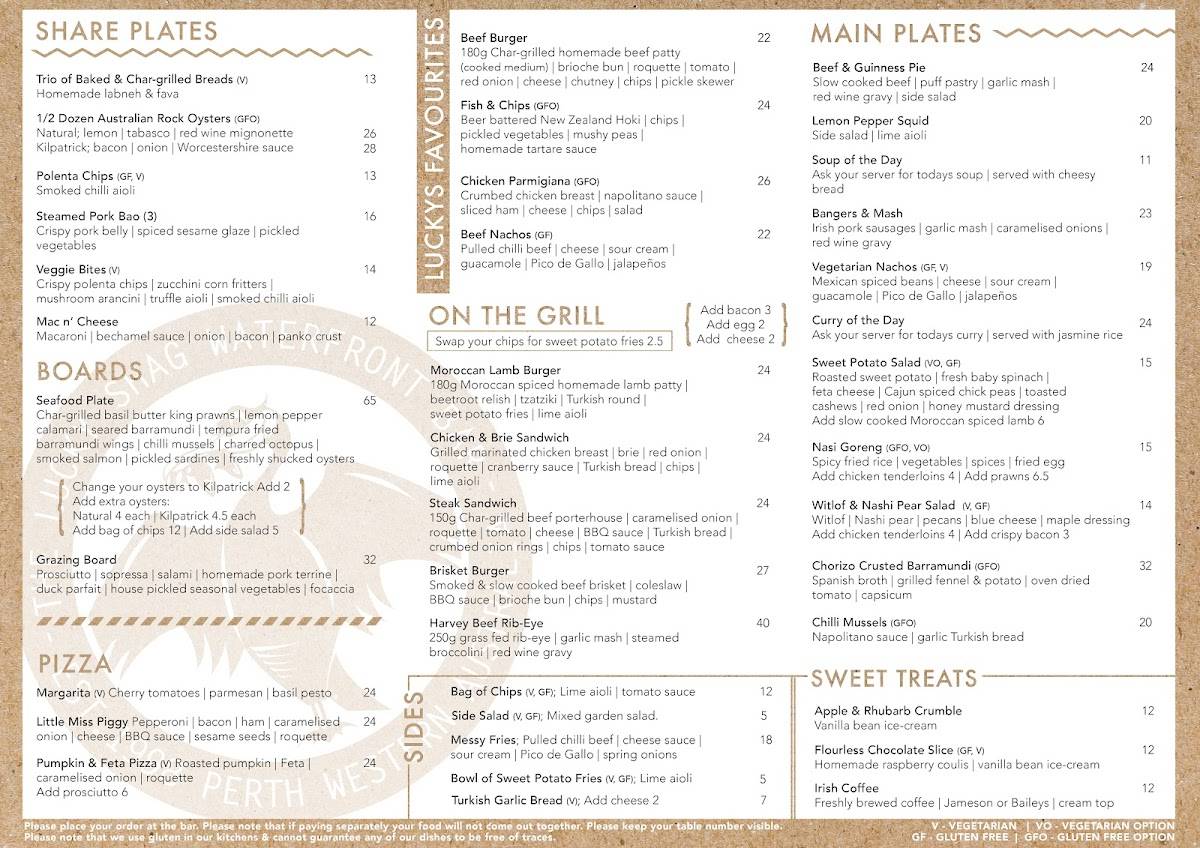 Menu at The Lucky Shag pub & bar, Perth