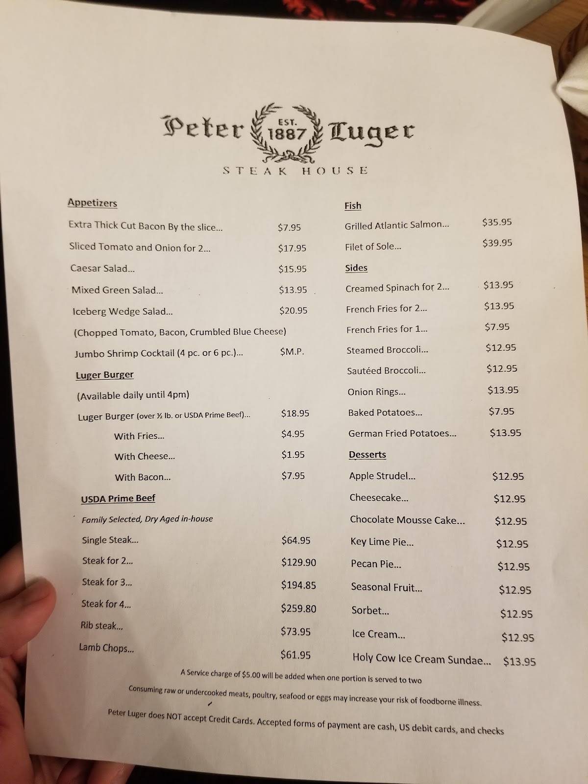 Menu at Peter Luger Steak House steakhouse, New York City, 178 Broadway