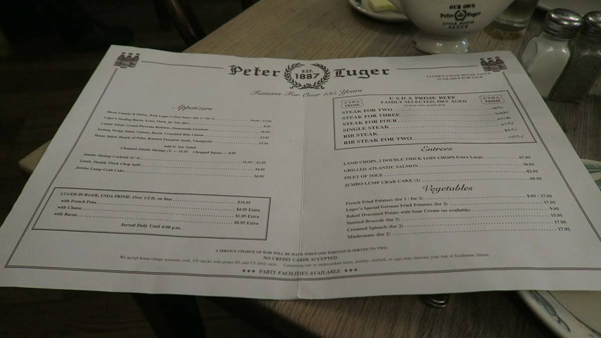 Menu at Peter Luger Steak House steakhouse, New York City, 178 Broadway