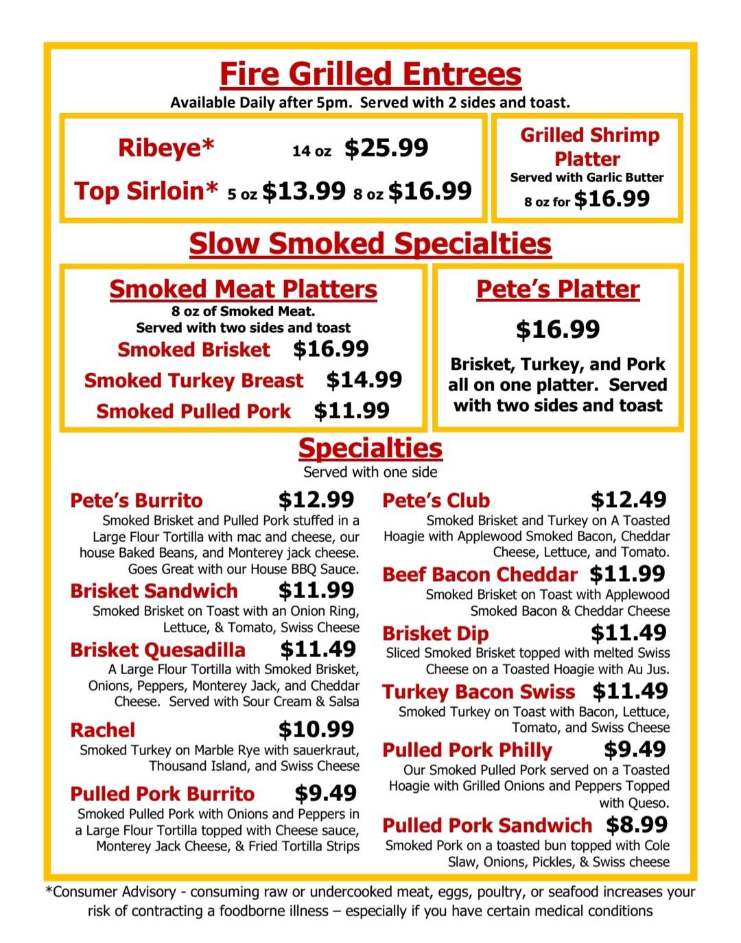 Menu at Pete’s BBQ, Smith Center