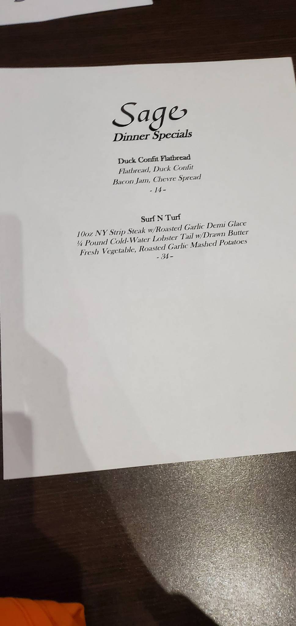 Menu at Sage restaurant, Petoskey