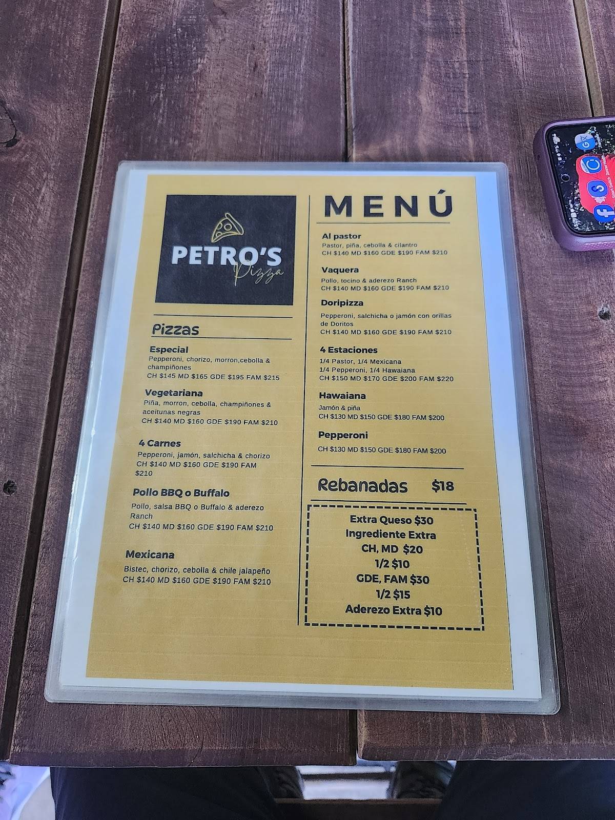 Carta del restaurante Petro’s pizza, Las Aguilillas