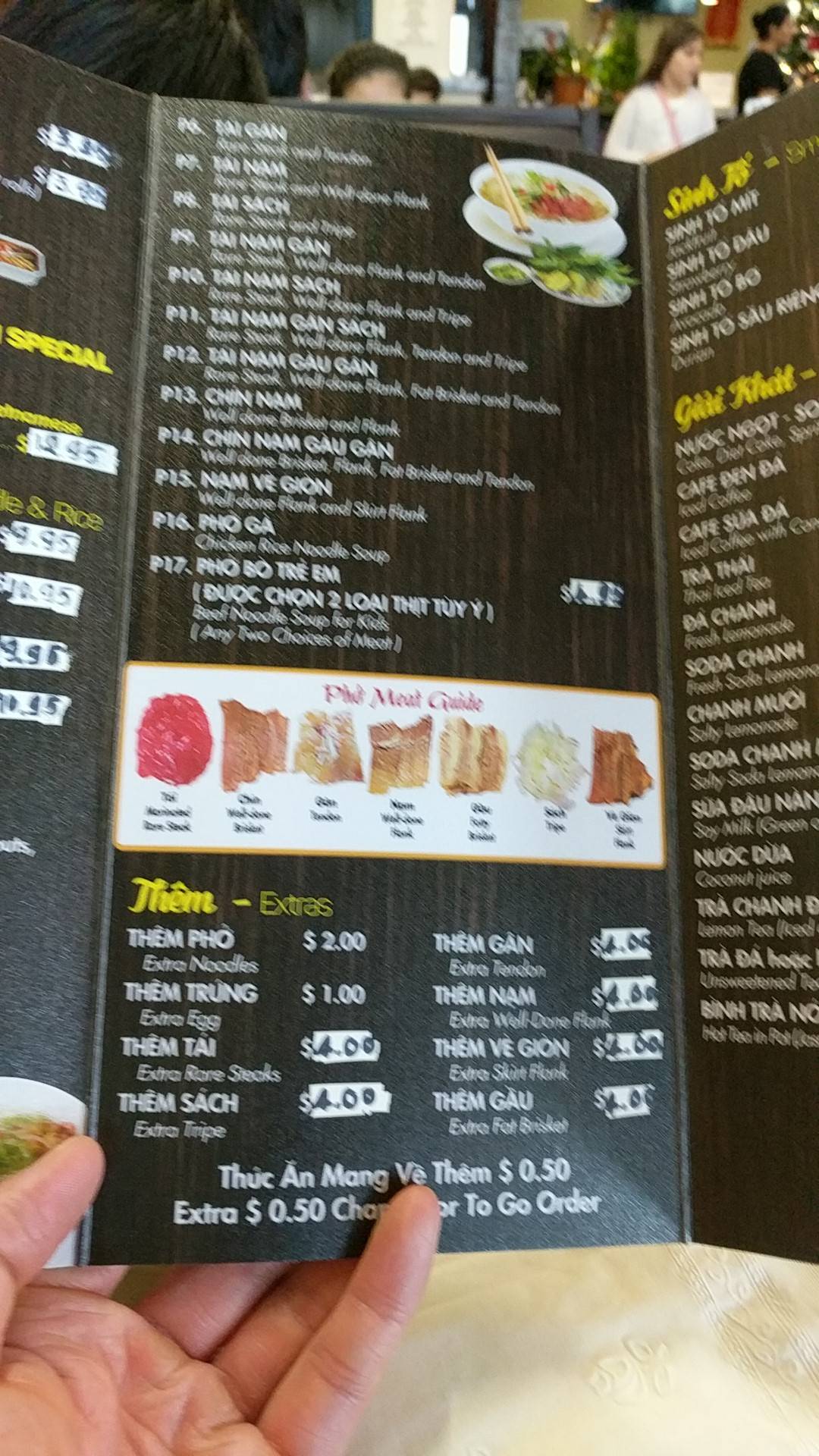 Menu at Pho Dien 1960 restaurant, Humble