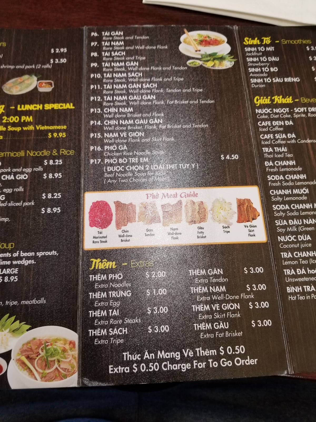 Menu at Pho Dien 1960 restaurant, Humble