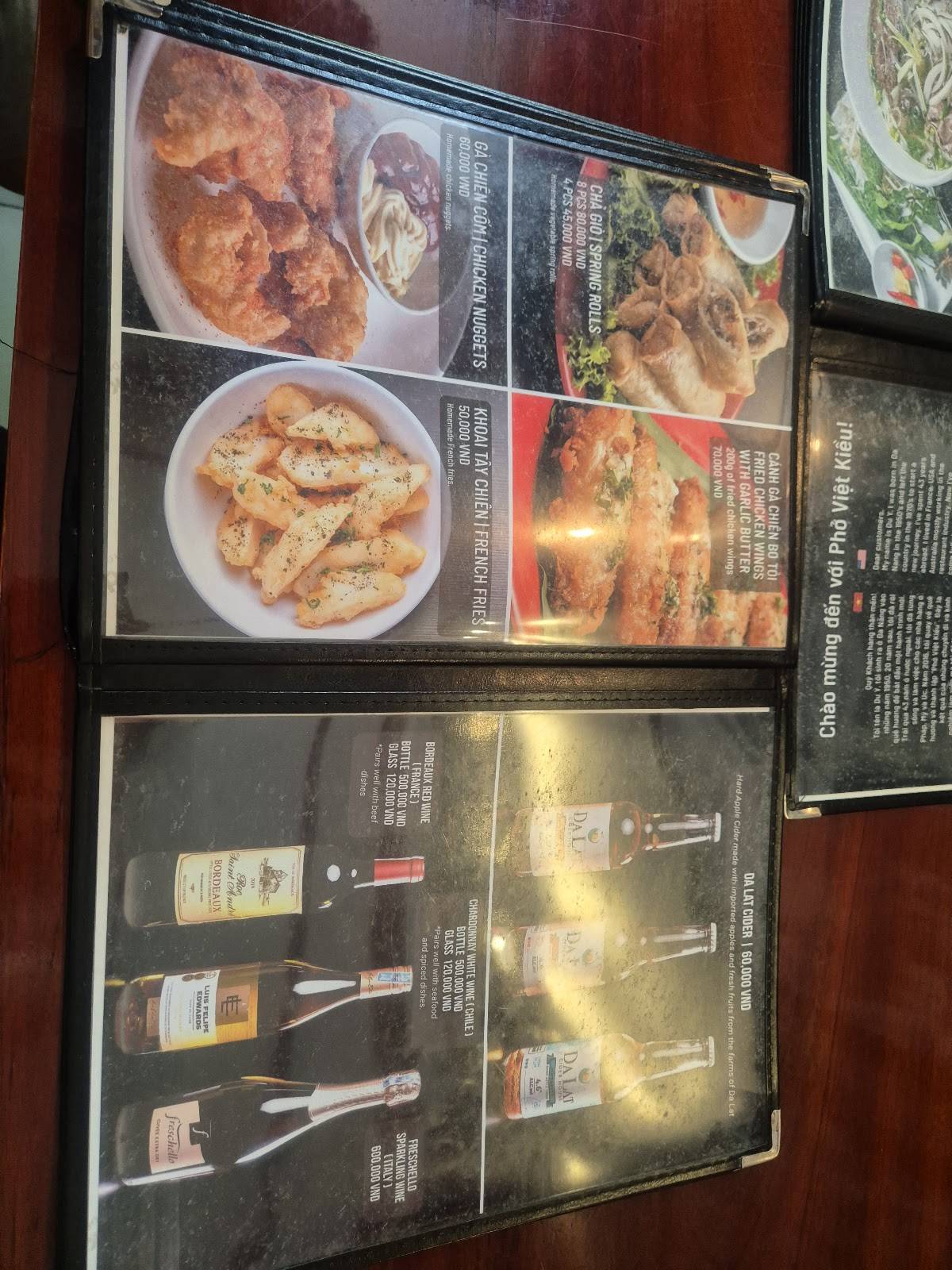 Menu at Pho Viet Kieu restaurant, Da Nang