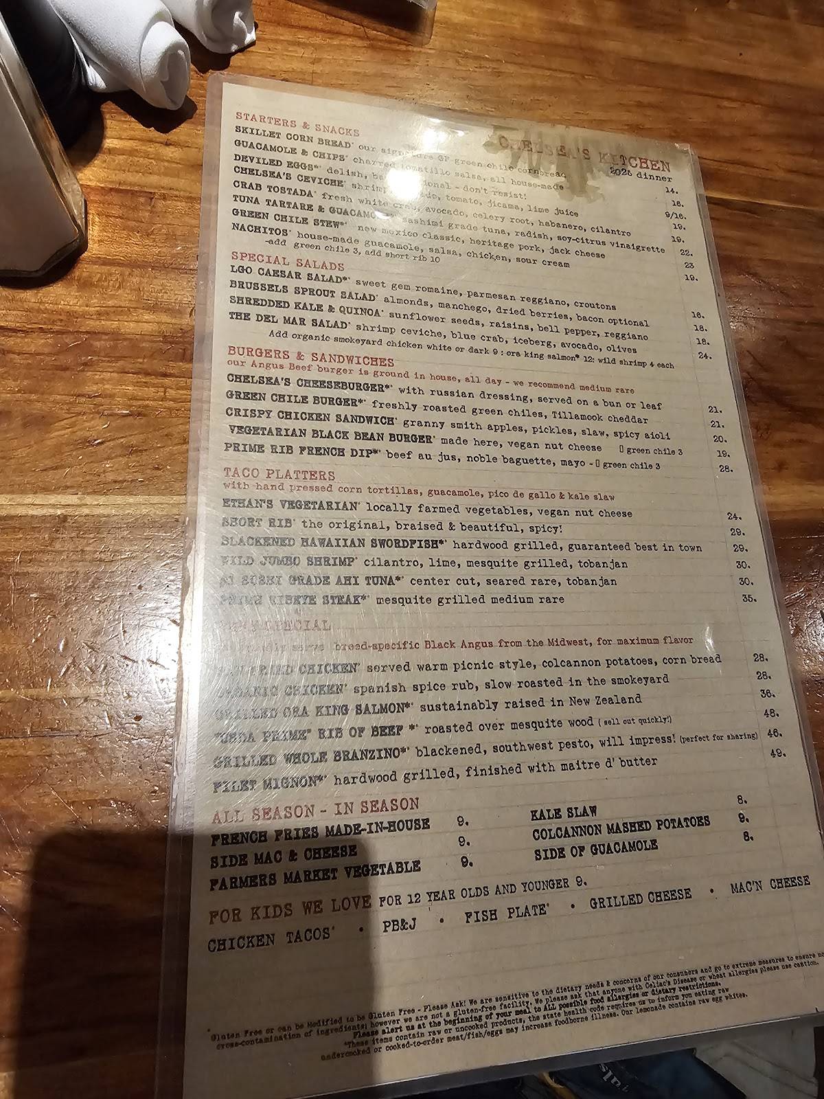 Menu at Chelsea’s Kitchen restaurant, Phoenix, N 40th St