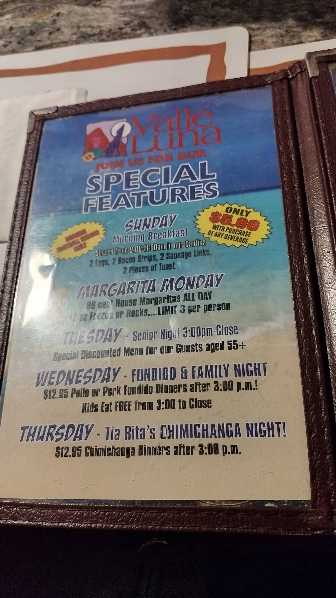 Menu at Valle Luna restaurant, Phoenix, W Bell Rd