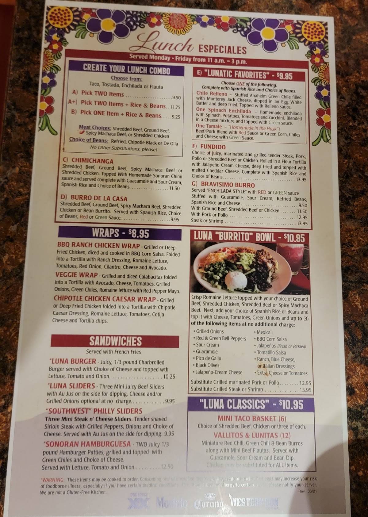Menu at Valle Luna restaurant, Phoenix, W Bell Rd