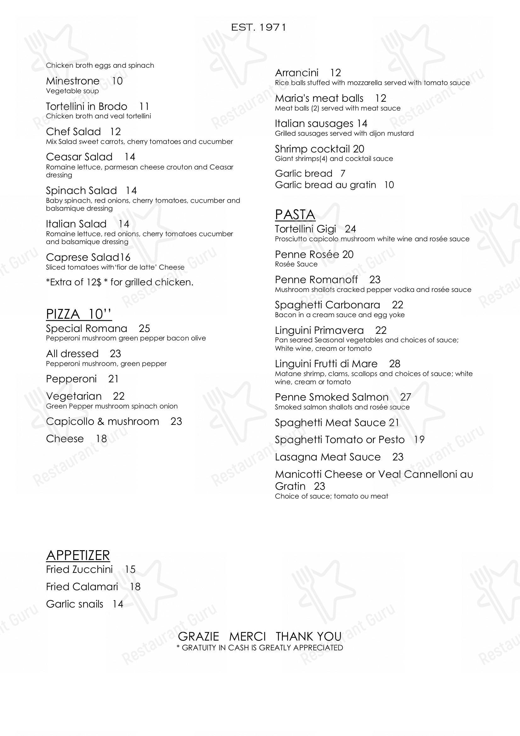 Menu au Piazza Romana restaurant, Pointe-Claire