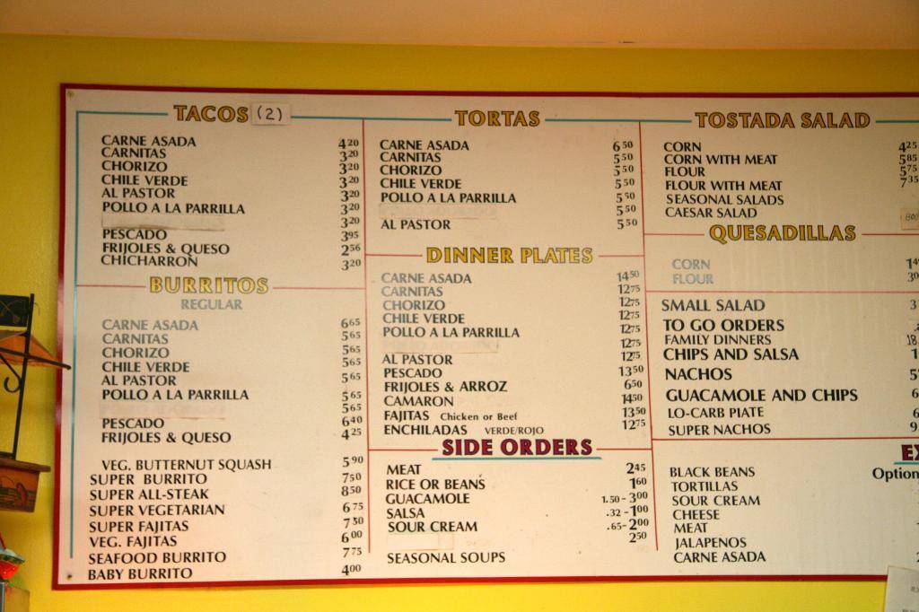 Menu at Picante restaurant, San Rafael