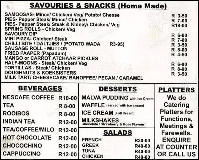 Menu at Picbel, Cape Town