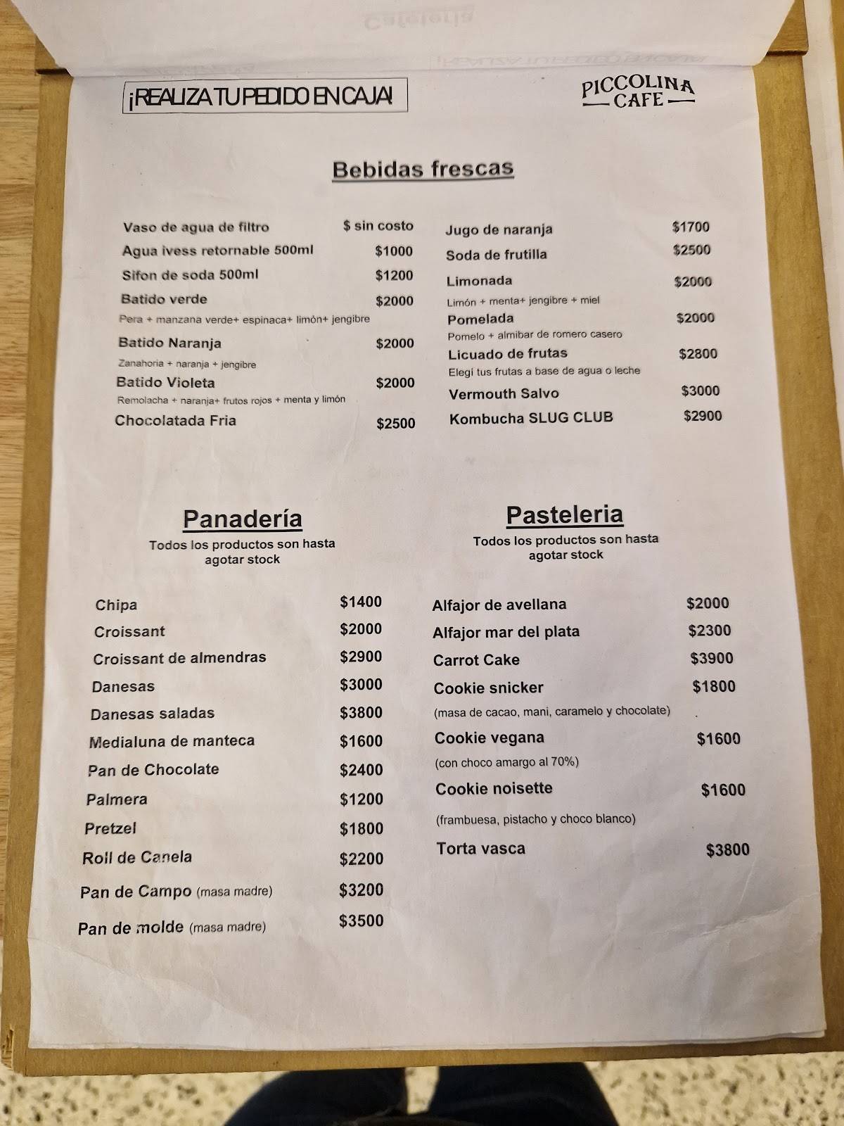 Menu at Piccolina cafe, Buenos Aires