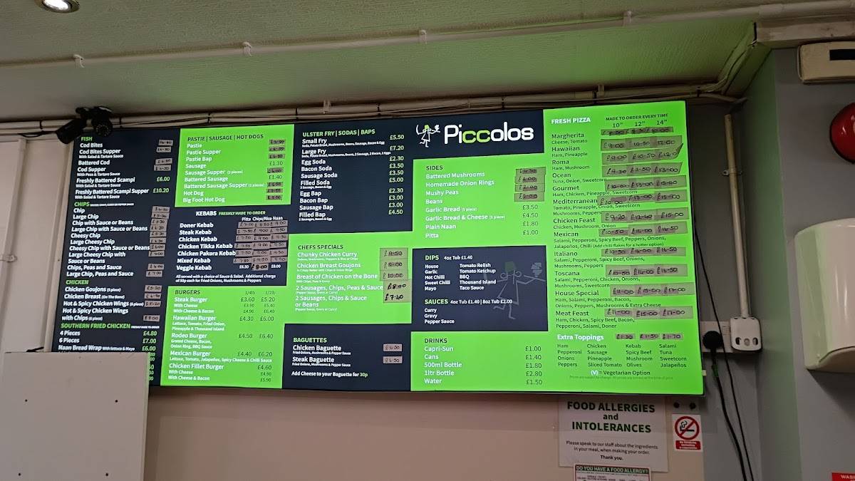 Menu at Piccolos restaurant, Ballyclare