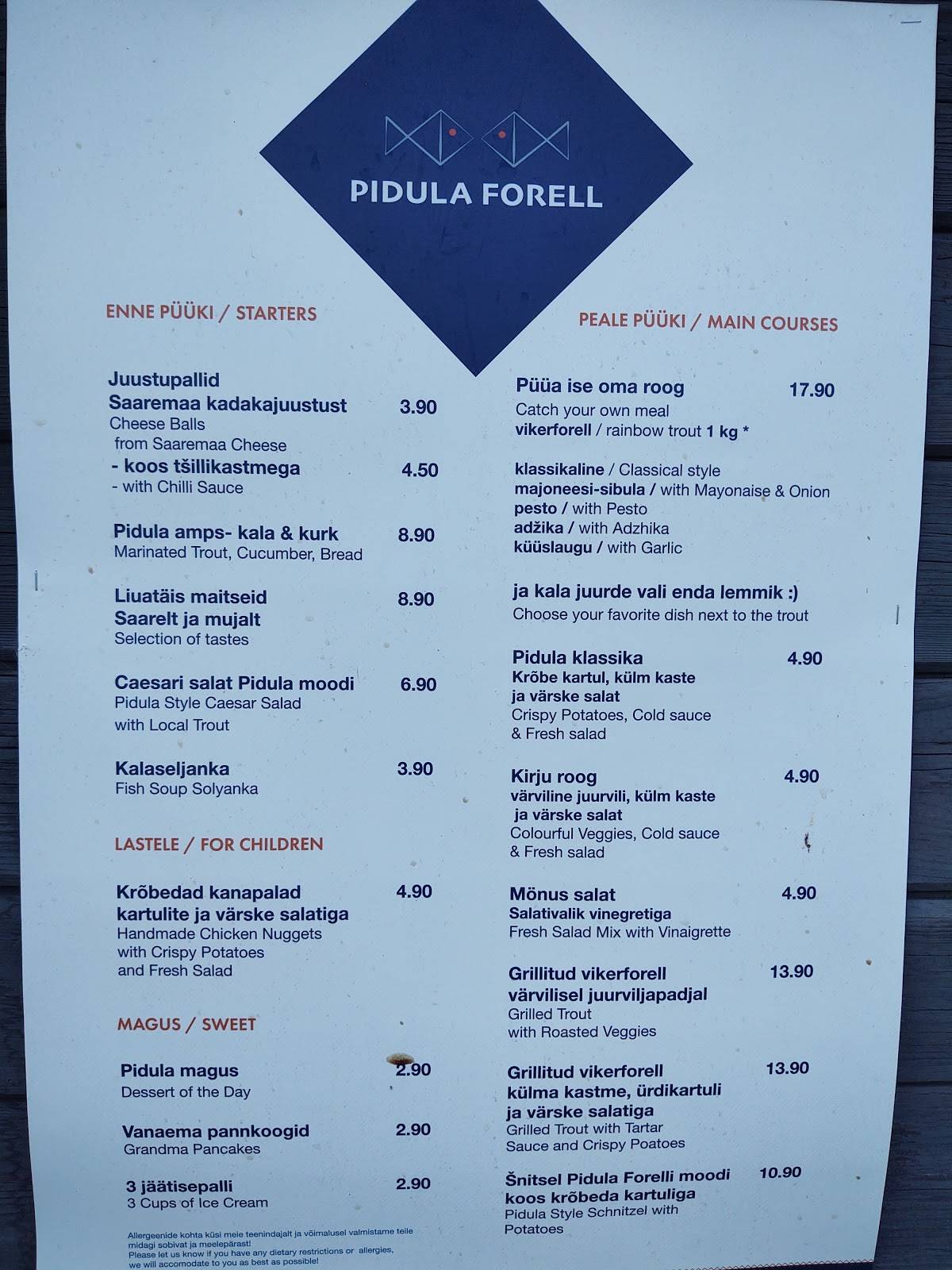 Speisekarte von Pidula Forell, Estland