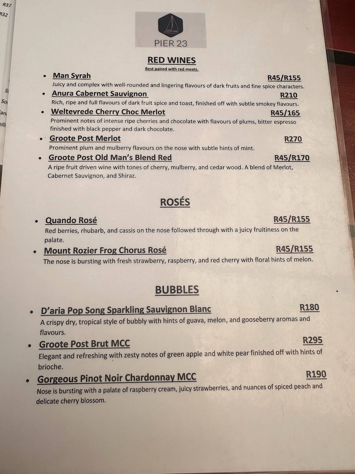 Menu at Pier 23 Restaurant, Cape Town