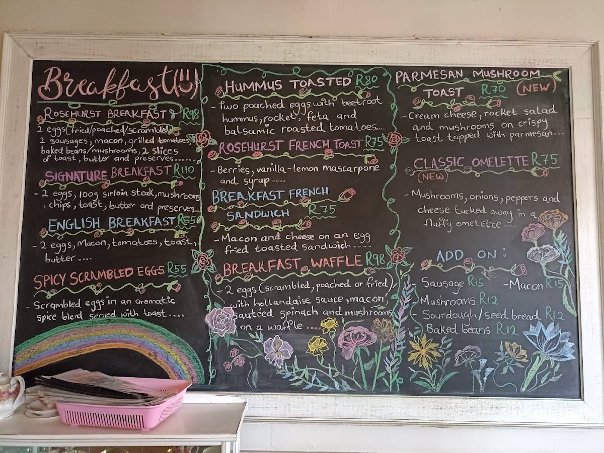 Menu at Rosehurst Garden restaurant, Pietermaritzburg
