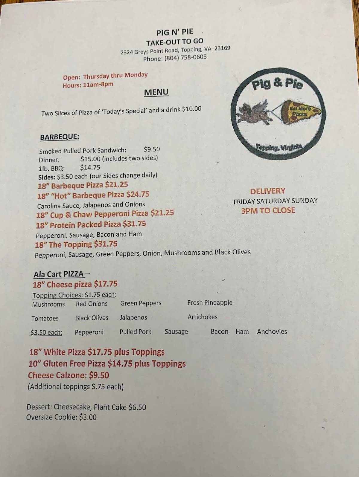 Menu at Pig & Pie pizzeria, Topping