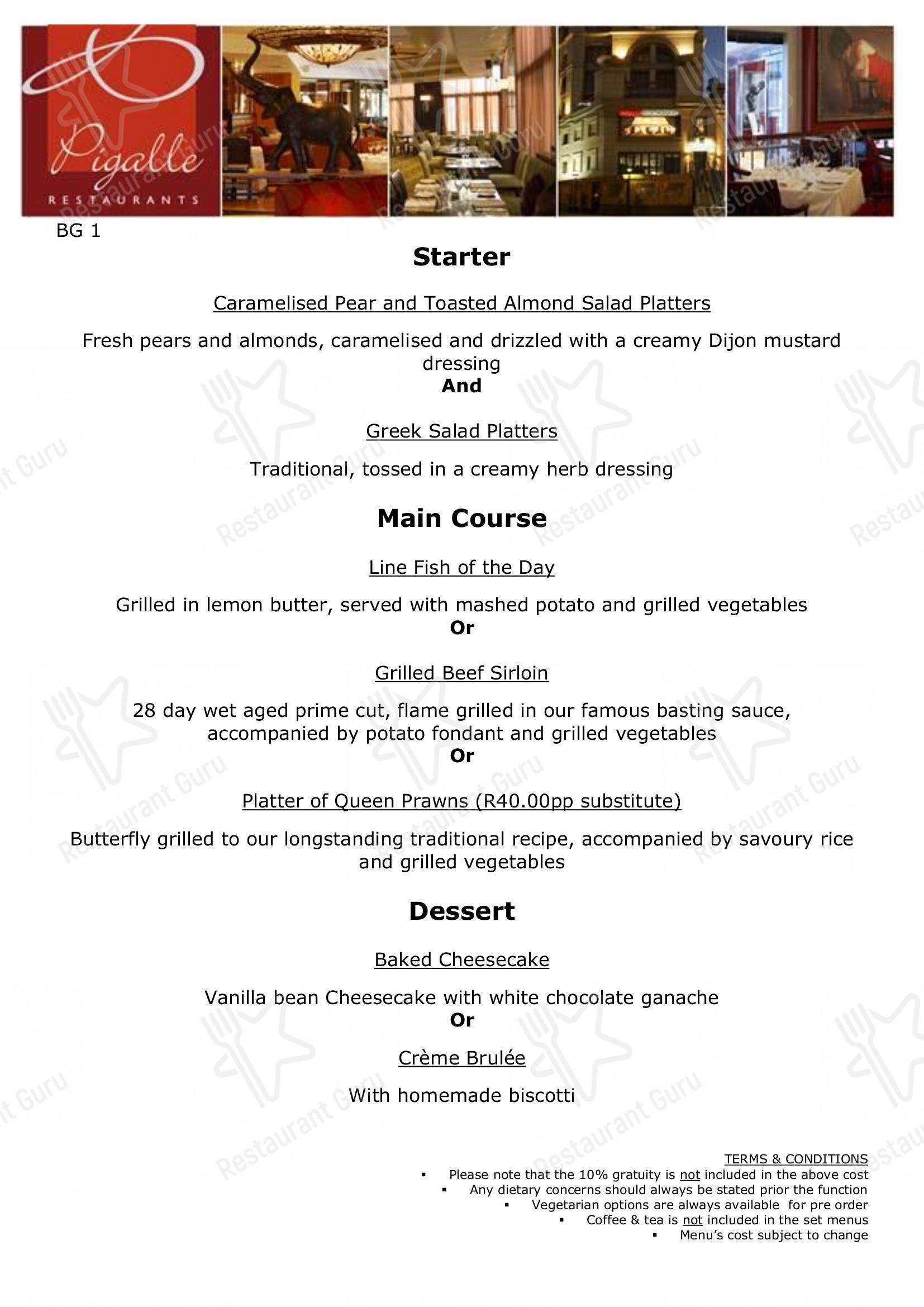 Menu at Pigalle Restaurant, Cape Town