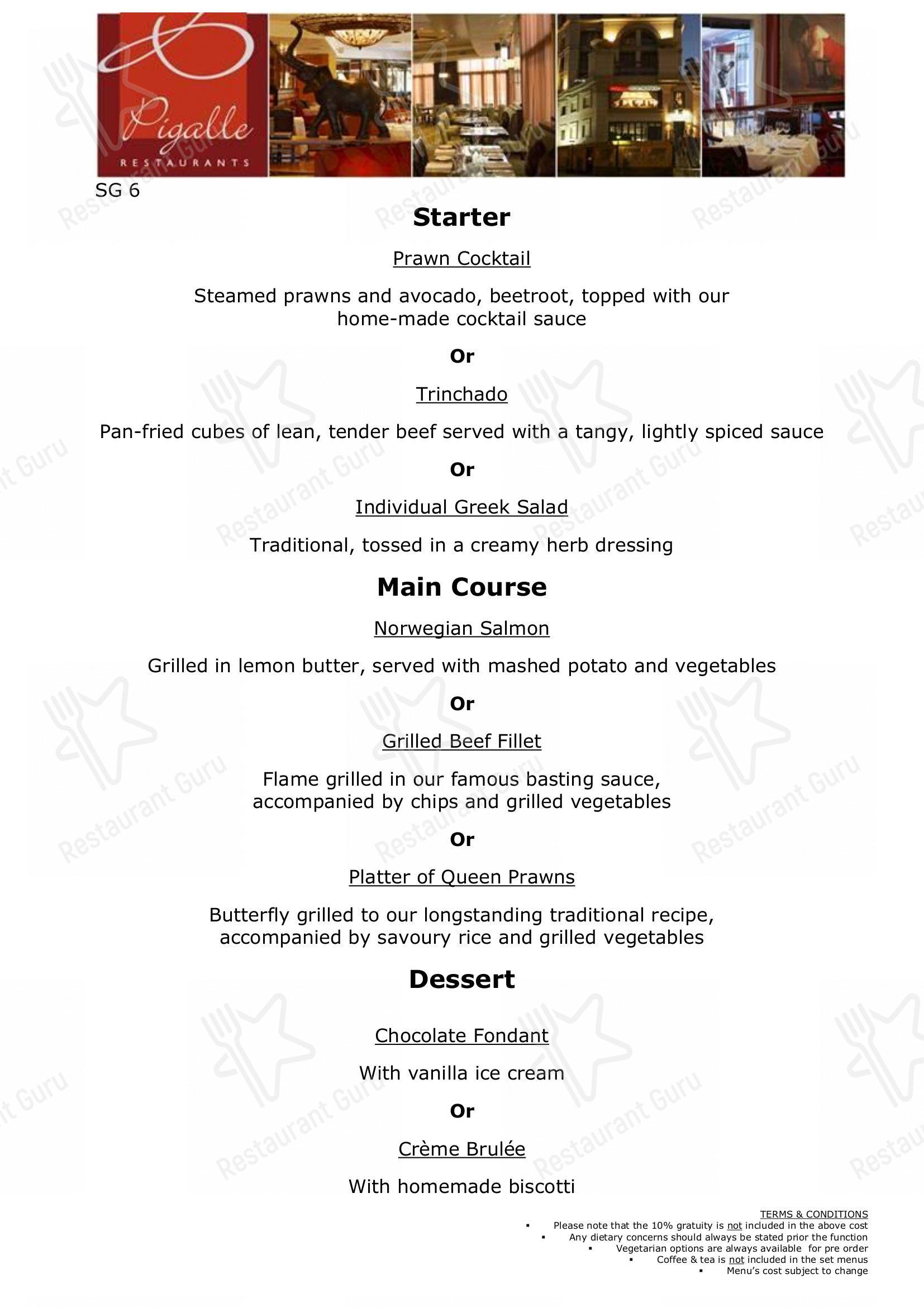 Menu at Pigalle Restaurant, Cape Town