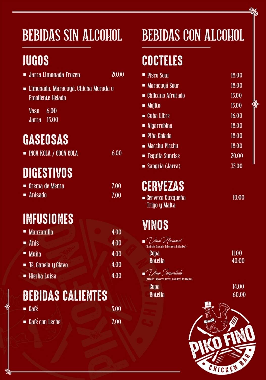 Menu at Piko Fino Chicken Bar, Cajamarca