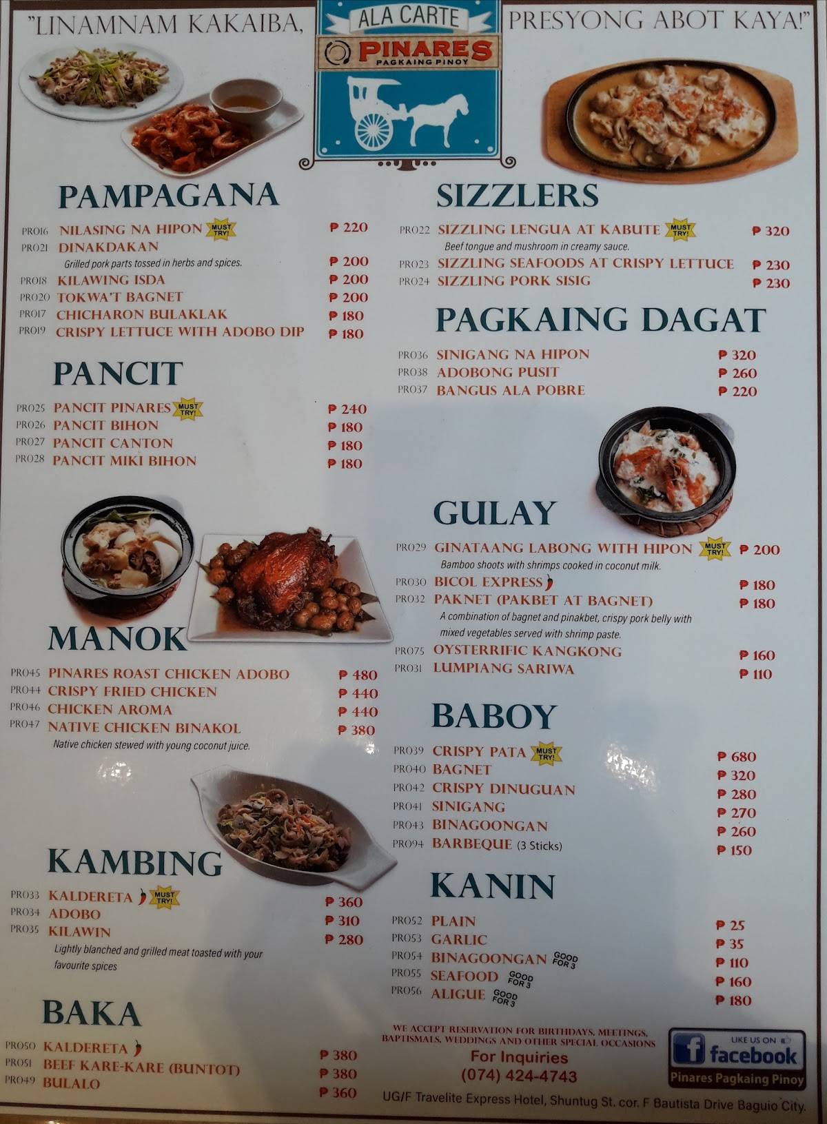 Carta del restaurante Pinares Pagkaing Pinoy, Baguio
