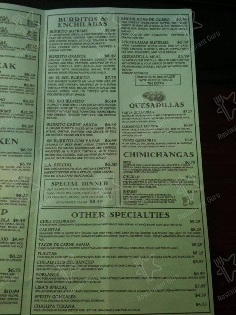Menu at El Sol Méxican Restaurant, Pine Bluff