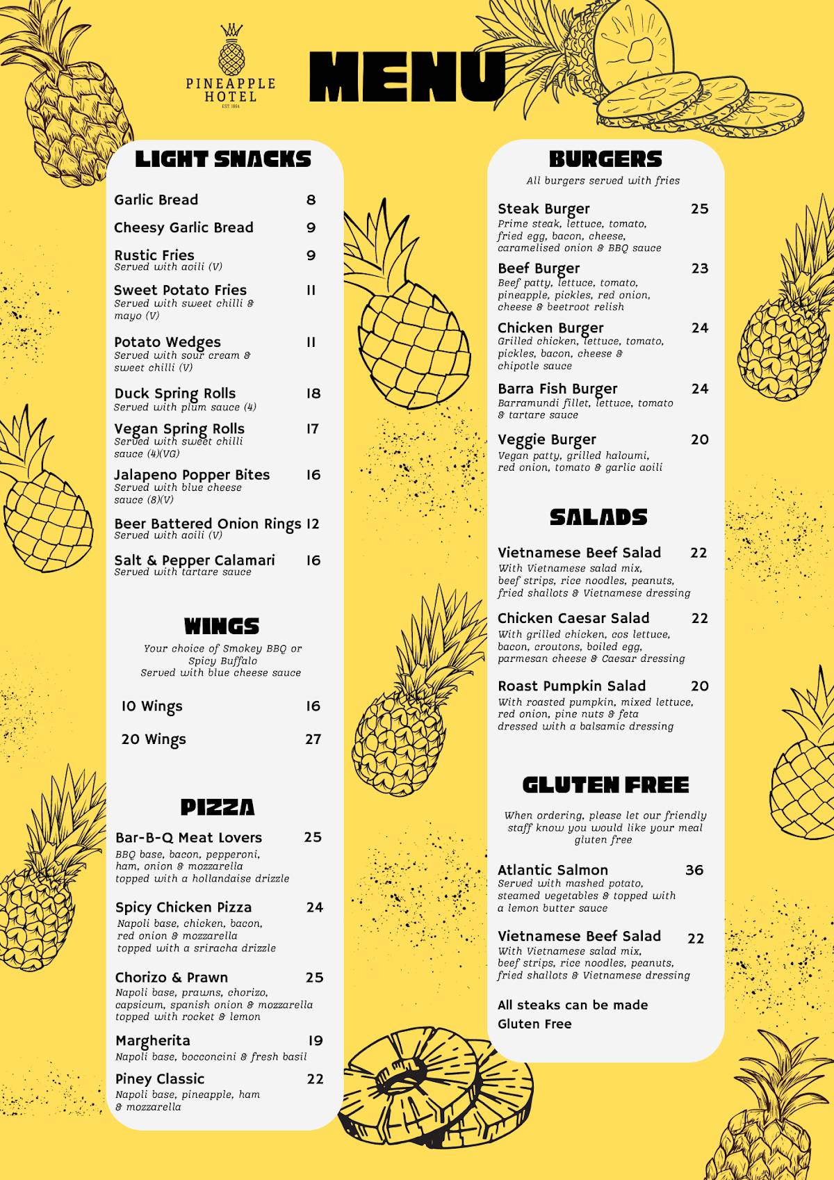Menu at Pineapple Hotel pub & bar, Kangaroo Point, 706 Main St