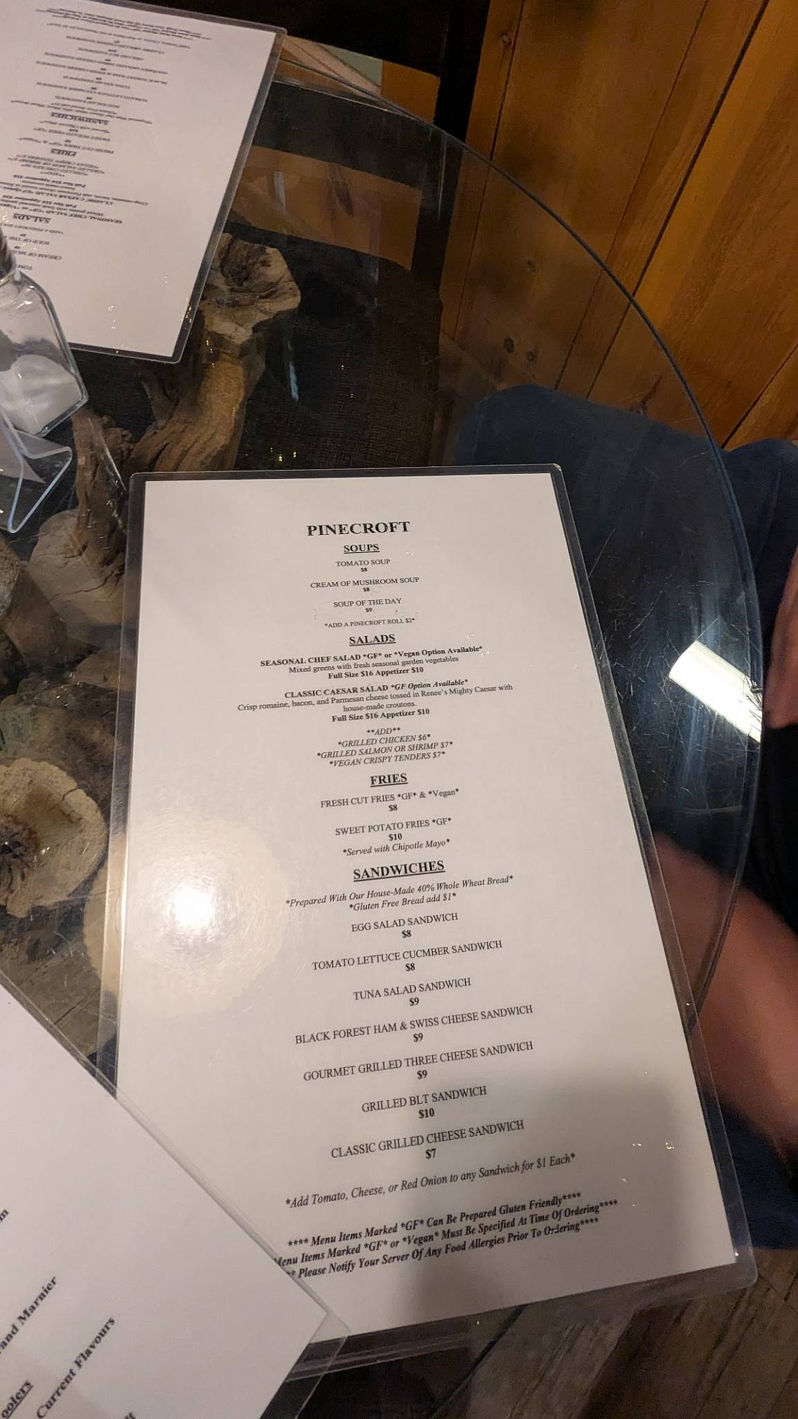 Menu at Pinecroft restaurant, Aylmer, Rogers Rd