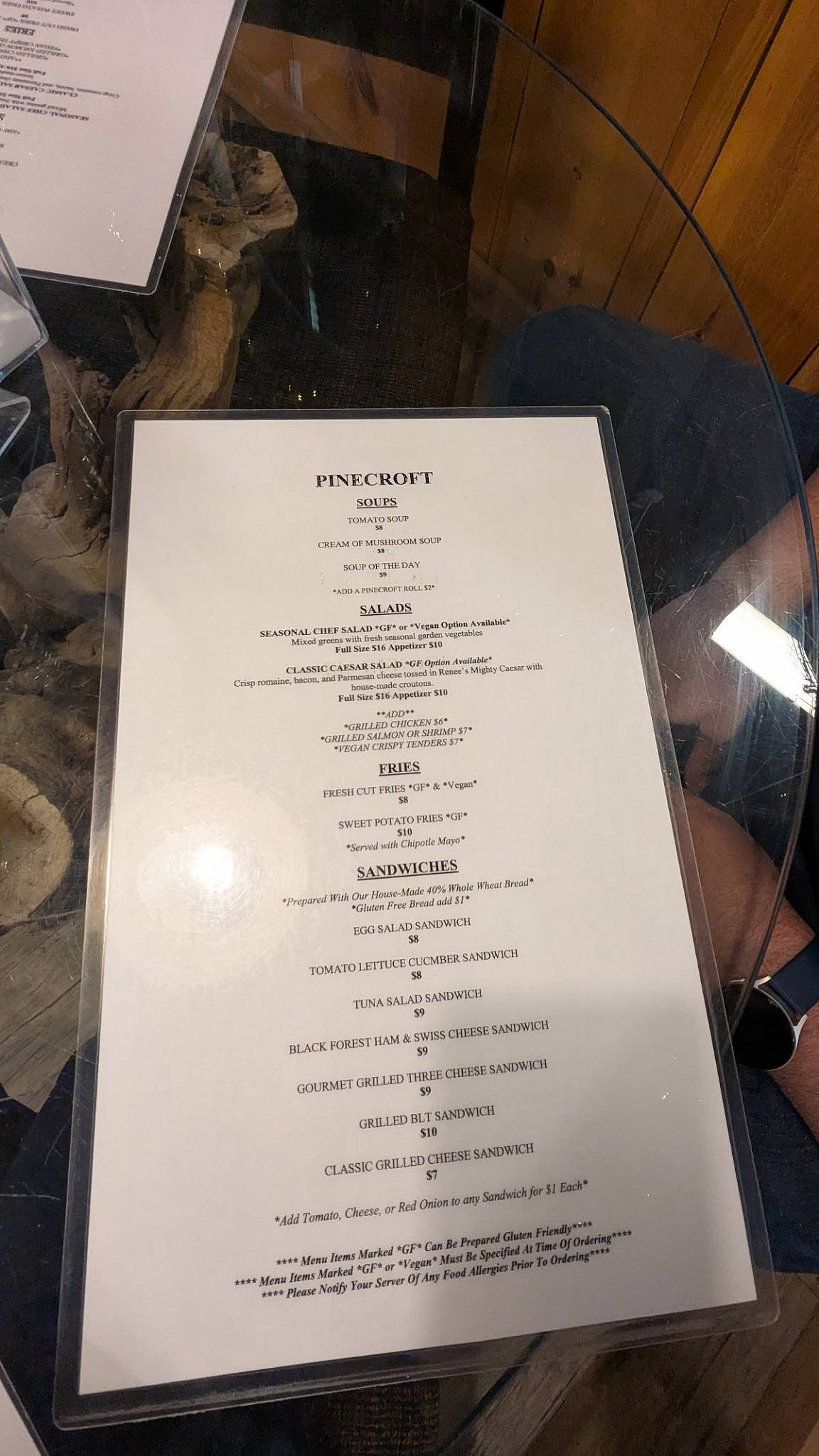 Menu at Pinecroft restaurant, Aylmer, Rogers Rd