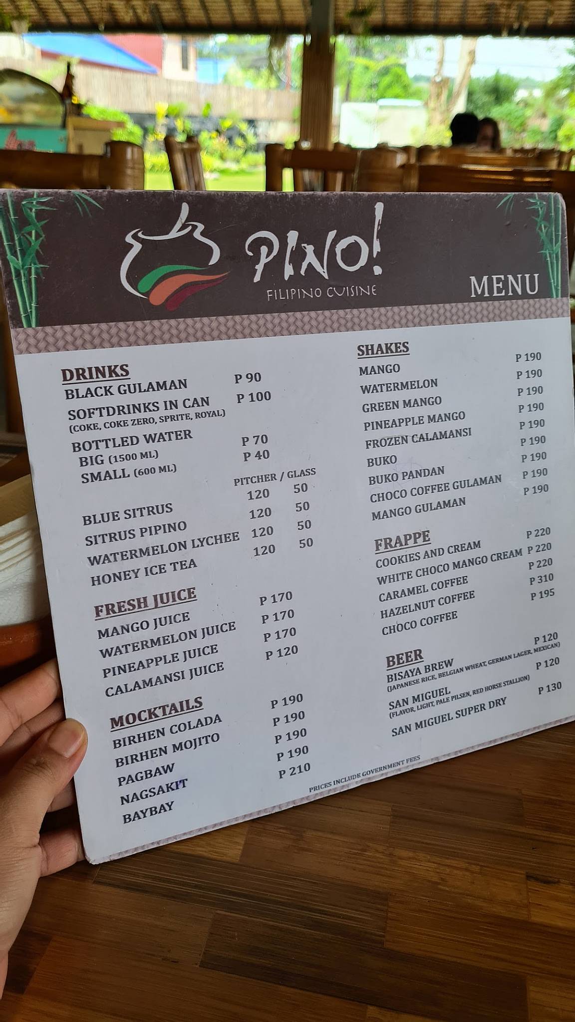 Menu at Pino Talamban restaurant, Cebu City