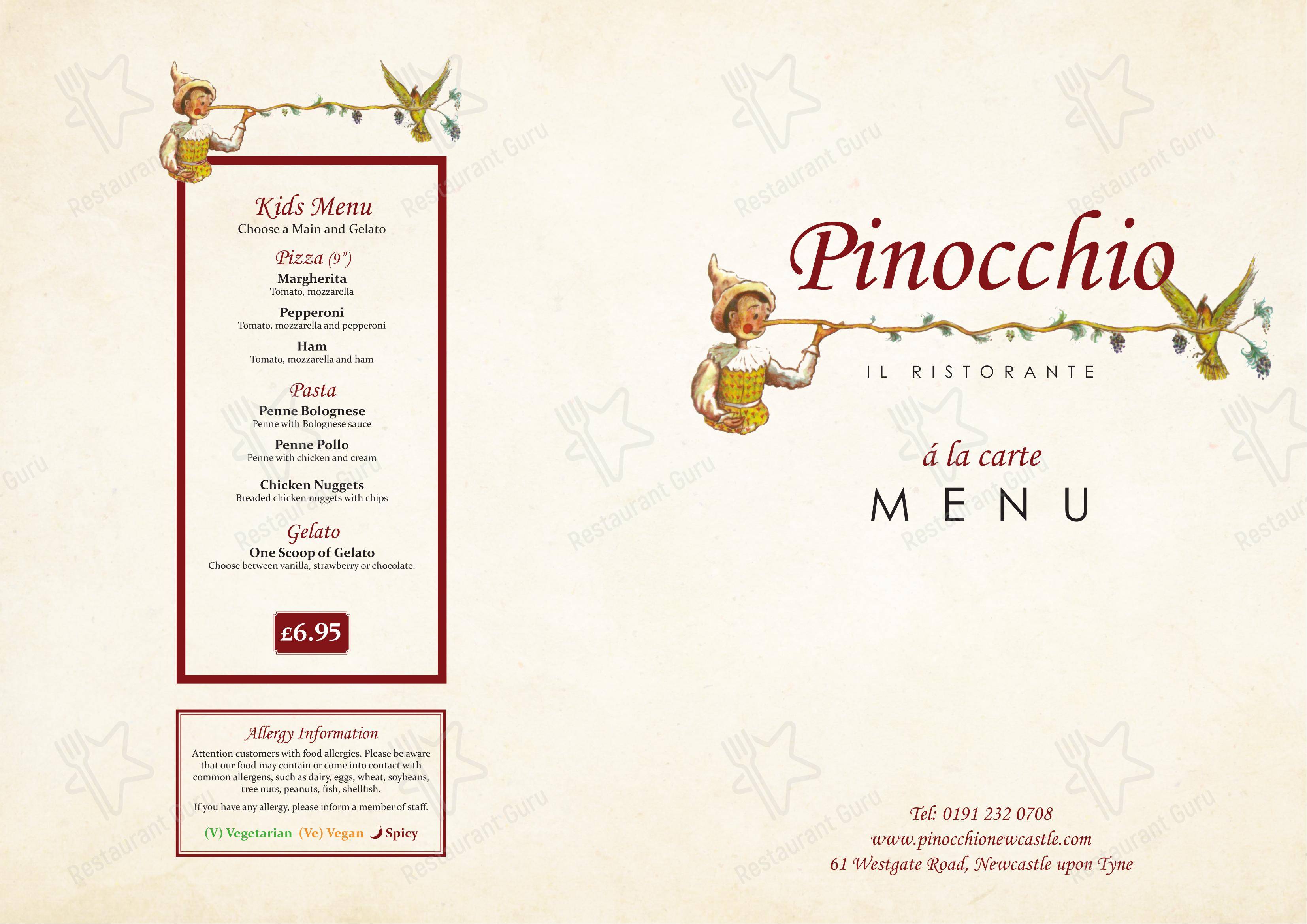 Menu at Pinocchio Ristorante restaurant, Newcastle upon Tyne