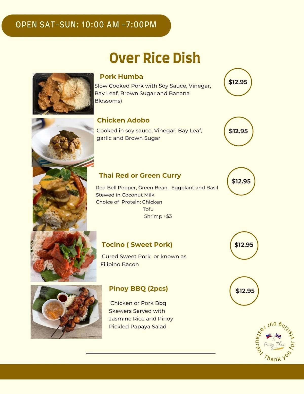 Menu at Pinoy Thai Fusion restaurant, Hollywood