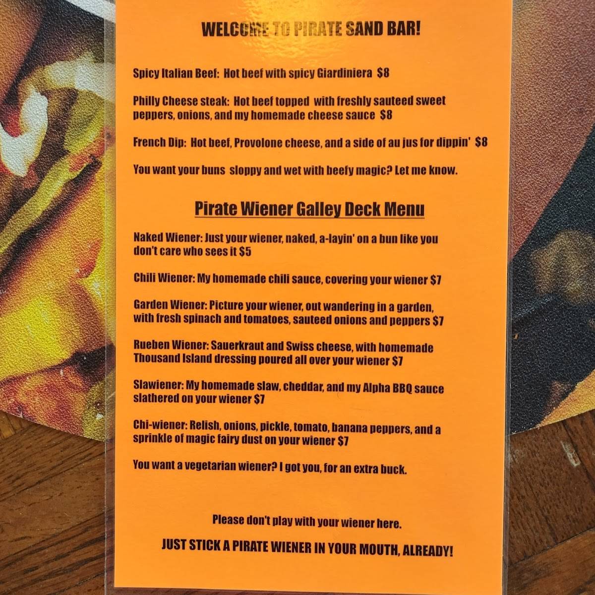 Menu at Pirate Sand Bar, Eagle Rock