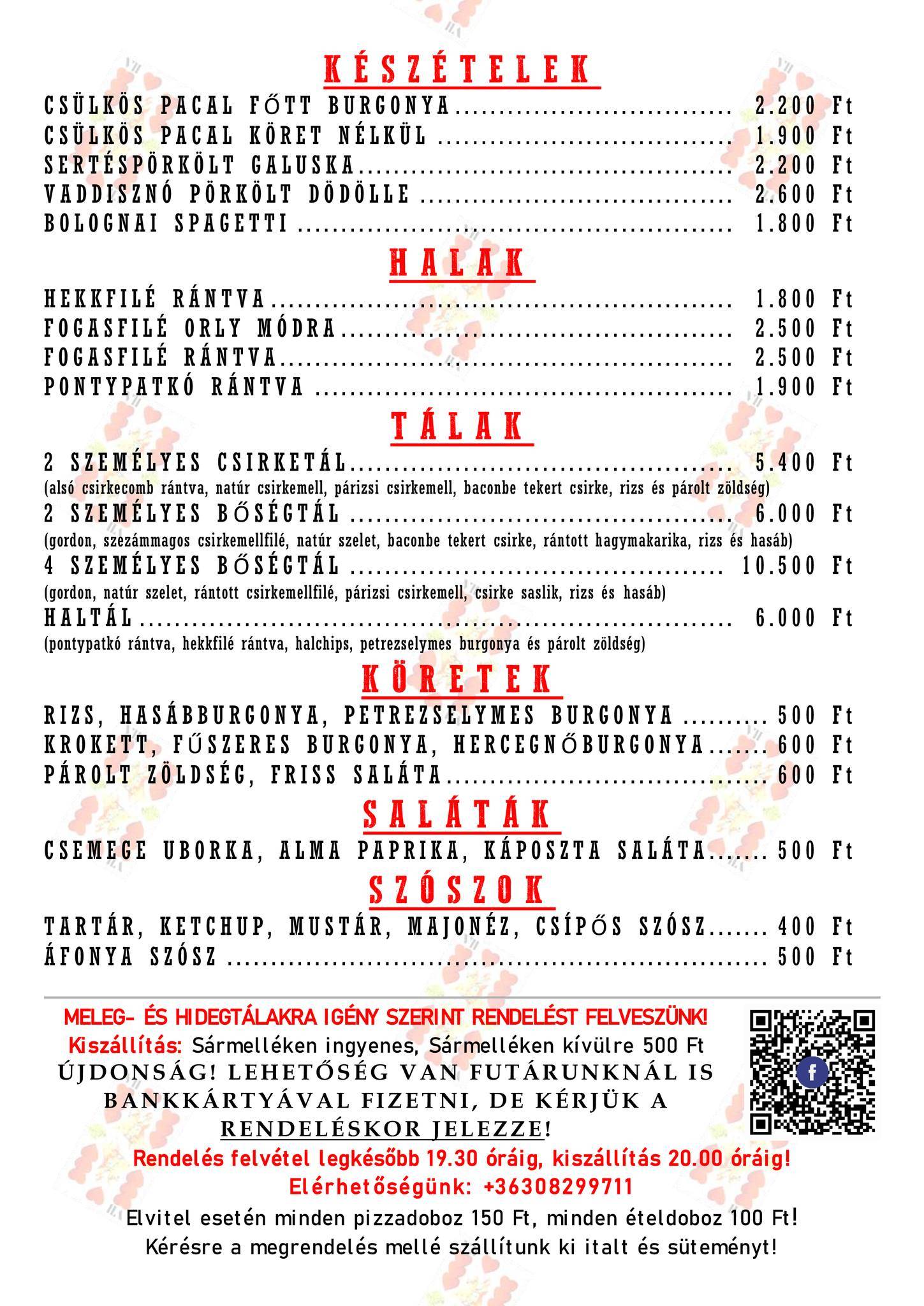 Menu at Piros 7-es Presszó és Étterem restaurant, Sármellék