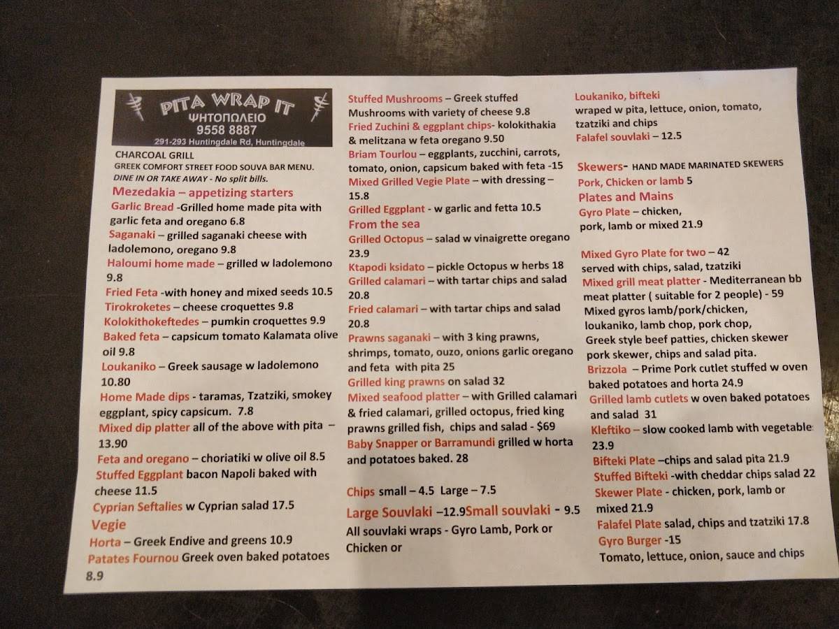 Menu at Pita Wrap It restaurant, Huntingdale
