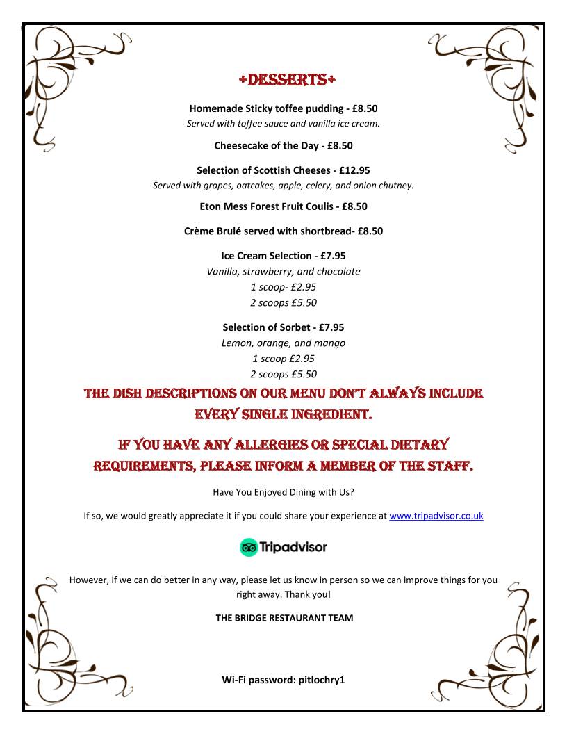 Menu at The Bridge Restaurant of Pitlochry, Pitlochry