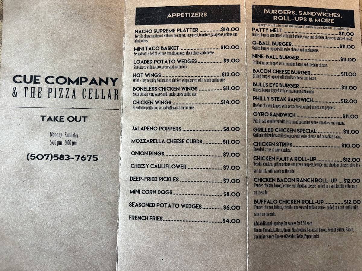 Menu at Pizza Cellar pizzeria, Blooming Prairie