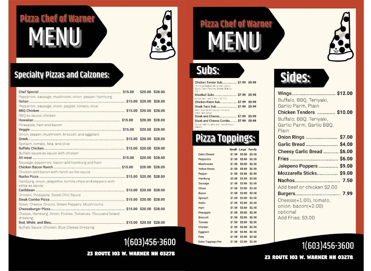 Menu at Pizza Chef of Warner LLC pizzeria, Warner