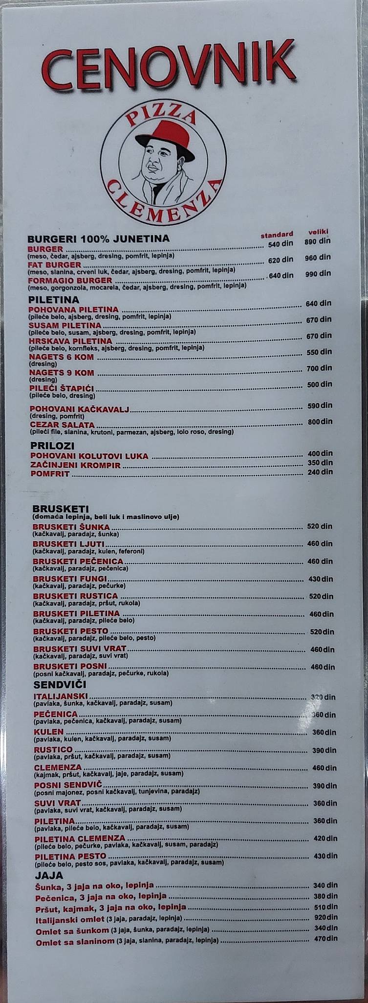 Menu at Pizza Clemenza restaurant, Belgrade
