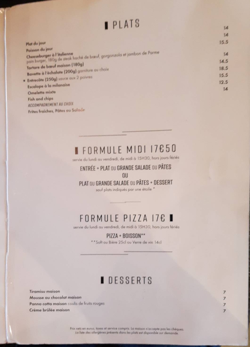 Menu au Chez Julia restaurant, Paris, 168 Bd Masséna